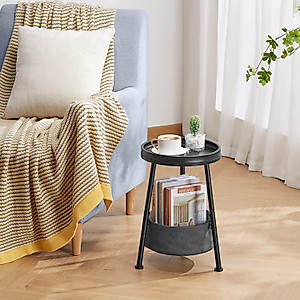 LEMONDA Small Round End Table, 2 Tier Round Side Table with Storage Basket,11.8”D*17.8”H Small Round Table,Sofa Side Table,Small Round Nightstand for Living Room Bedroom