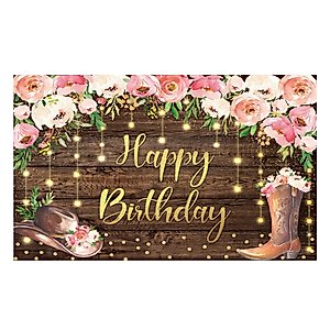 Allenjoy Western Birthday Backdrop Boot Cowgirl Rustic Country Boho Bday Party Supplies Flower Country Wood Hat Background Cake Table Decor Studio Photobooth Props Gift Favors