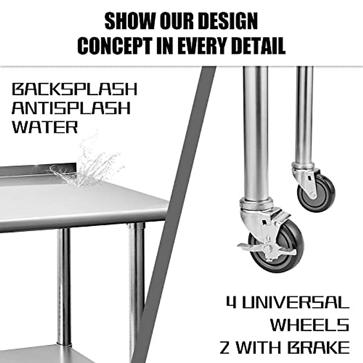 VKKILPEE Stainless Steel Table for Prep & Work 24 x 30 Inches with Caster Wheels, Kitchen Island Cart, NSF Commercial Heavy Duty Table with Undershelf & Backsplash for Restaurant, Home and Hotel