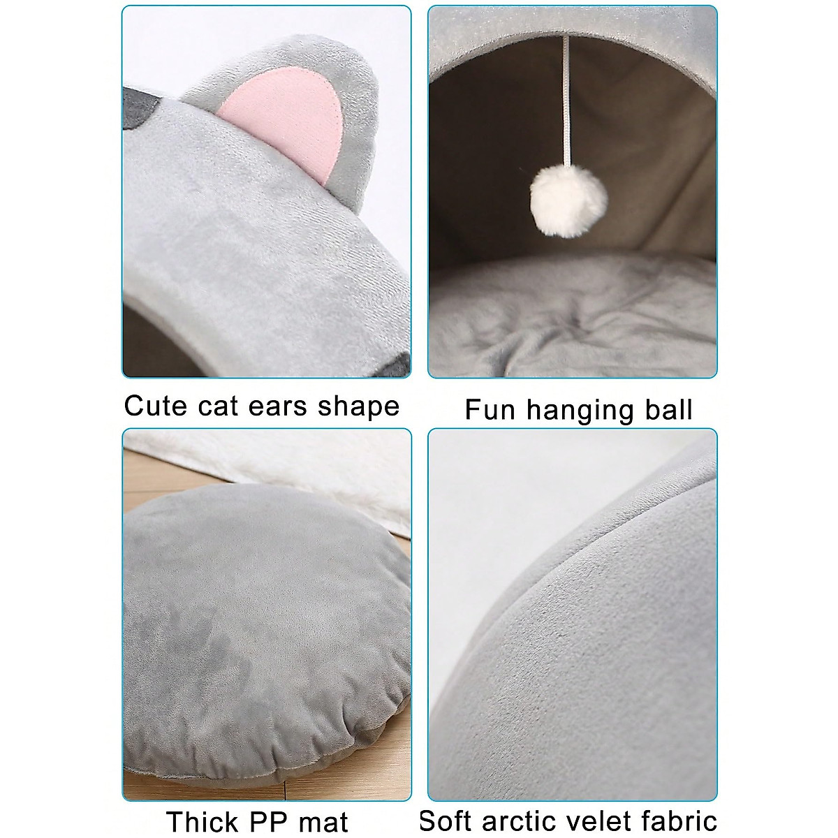 QWINEE Indoor Cat Bed Cave with Removable Cushion - Pet Plush Tent House Cartoon Ear Design Pet Bed with Pompom for Cats Kitten Dogs Puppy and Rabbit Multicolor L
