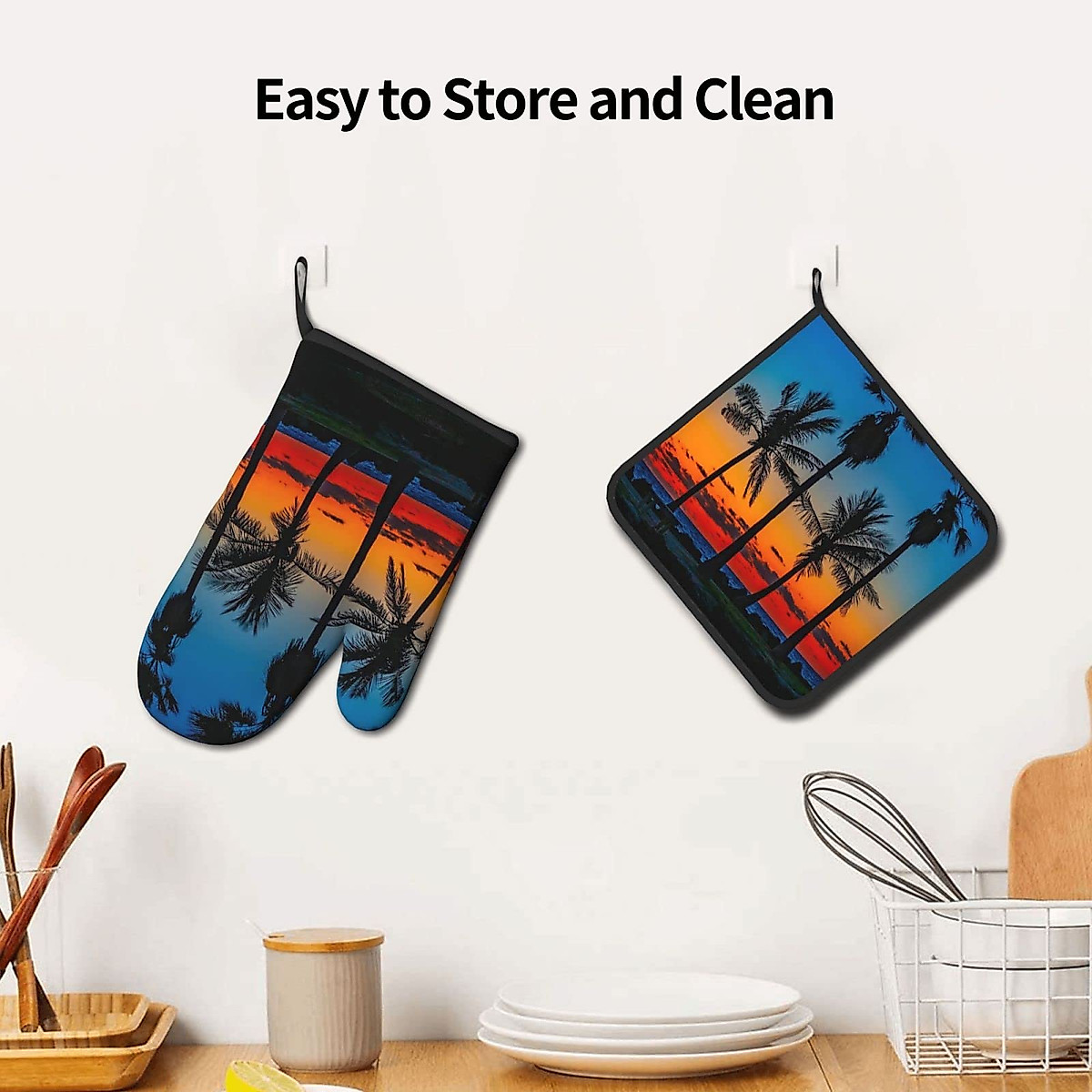 Sunset Beach Palm Tree Oven Mitts and Pot Holders Sets of 2, Non-Slip Cooking Hot Pads Washable Heat Resistant for Kitchen Microwave BBQ Baking Grilling