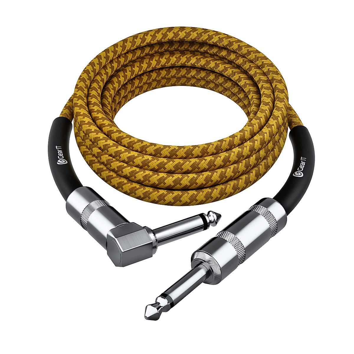 GearIT Audio Instrument Cable (10ft) Right Angle to Straight 1/4 Inch Male to Male for AMP Cord, Base and Electric Guitar - Black/White