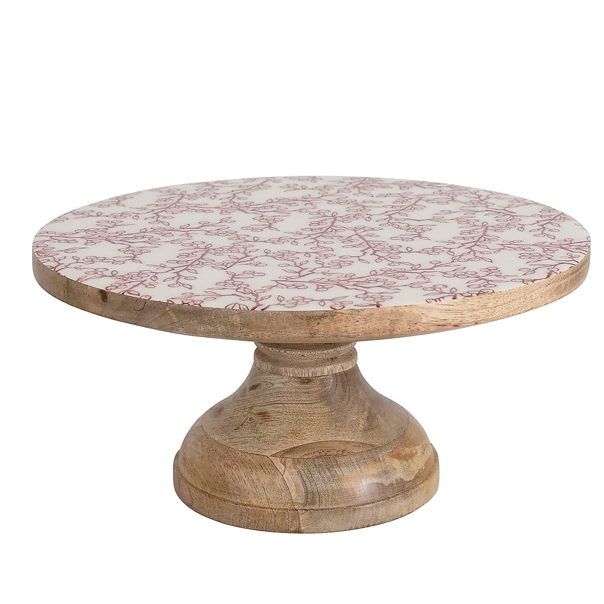Creative Co-Op Enameled Mango Wood Pedestal with Berry Pattern, Burgundy and Cream