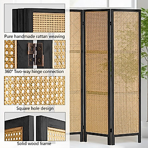 ALeesing 4 Panels Wood Room Divider and Folding Privacy Screens, Hand-Woven Rattan Room Dividers Panel, Room Divider Wall Freestanding, Room Partitions Screen for Home Office Bedroom, Black