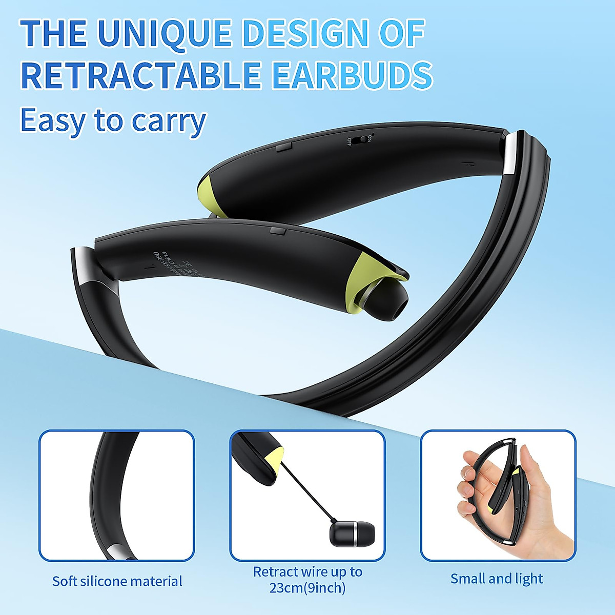 APPINESSEY Bluetooth Headphones, Neckband Wireless Headset with RetractableCarrying Case and Earbuds, Foldable Noise Cancelling Earphones with Mic for Workout (Black)