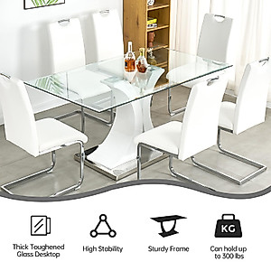 63" Glass Dining Table for 4 to 6 Modern Kitchen Table Tempered Glass Dining Room Table with Rectangular Glass Tabletop and X-Shape Pedestal Base Dining Table for Dining Room Kitchen (White)