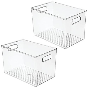 mDesign Deep Plastic Home Storage Organizer Bin with Built-in Handles for Cube Furniture Shelving in Office, Closet, Cabinet, Bedroom, Bathroom, Nursery, Dorm - Ligne Collection - 2 Pack - Clear