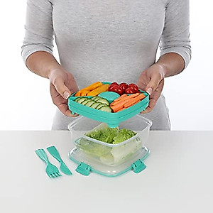 Sistema Salad Container for Lunch with Dressing Container, Bento Box 4 Compartment Tray, and Cutlery, Dishwasher Safe, 37.2-Ounce (Color may vary)