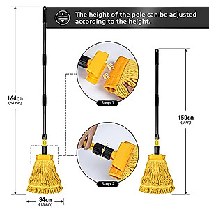 Kphico Looped-End String Mop,Heavy Duty Commercial Mop with 2 Extra Mop Heads Replacement,57 inch Stainless Steel Pole,Industrial Grade Jaw Clamp Floor Cleaning,Blue/Yellow