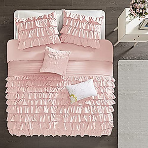 Intelligent Design Cozy Comforter Casual Waterfall Multi Layer Ruffle All Season, Hypoallergenic Cover, Soft Bedding Set with Matching Sham, Decorative Pillow, Twin/Twin XL(68"x90"), Blush