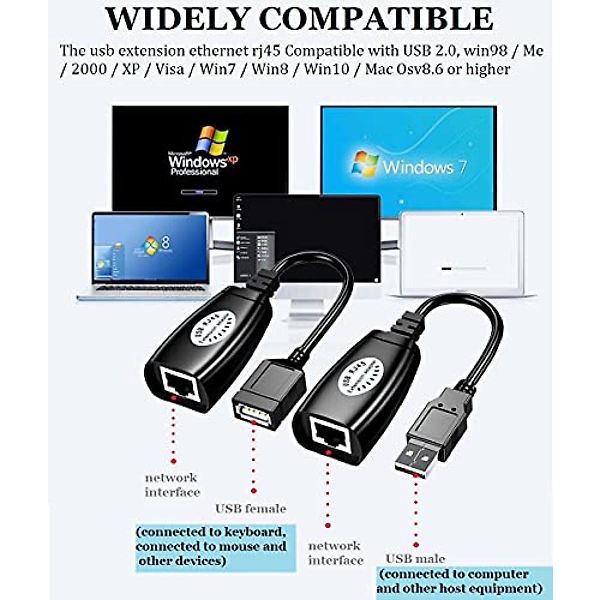 USB Extender Over RJ45 Cat 6/5/5e Adapter, RJ45 Ethernet Splitter to USB Extension UP to 50m/164ft, Compatible with Computers, Mobile Phones, Mice, Keyboards, U Disks, Printers, Cameras