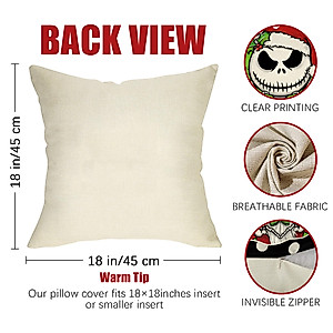 Fahrendom Merry Christmas Believe Decorative Throw Pillow Covers 18x18 Set of 4, Xmas Gift Black Green Patio Porch Outdoor Pillowcase, Polka Dots Jack Skellington Sally Winter Cushion Case Home Decor