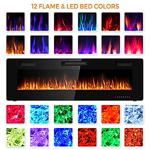 COSTWAY 60-Inch Electric Fireplace, 750W/1500W Wall Recessed and Mounted Fireplace Insert with Remote Control, 12 Flame Colors, 5 Brightness Settings, 8 H Timer, Fireplace Heater for Indoor Use