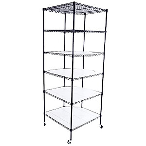 Wire Shelving 6 Tiers Polygonal Corner Shelf, Metal Storage Standing Rack with Wheels, Corner Wire Shelf for Kitchen, Garage and Living Room( US Shipping) (Black)