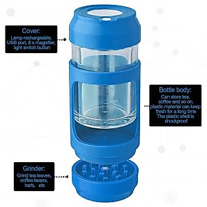 METSHOW Light-Up LED Transparent Seal Storage Jar，Magnifying Viewing Glass Airtight Jar with Grinder ，8 x Magnification Glass (Blue)
