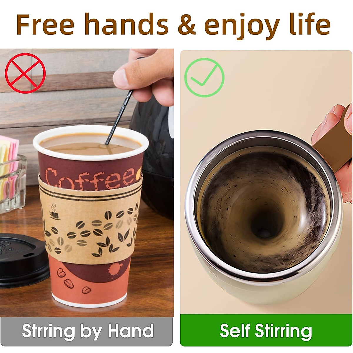 XHJBaby Self Stirring Coffee Mug,Rechargeable Automatic Magnetic Mixing Stainless Steel Cup with Lid for Coffee Tea Hot Chocolate Milk Cocoa 380ml/13oz Brown Electric Mixer Mug Best Gift