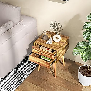 Giantex Nightstand with 2 Drawers Set of 2, Mid Century Modern Bedside Table with Solid Wood Legs, Practical End Side Table for Living Room Bedroom Small Space, Night Stand, Walnut