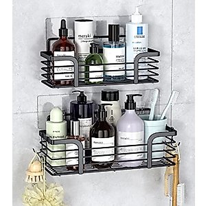 shfhesive Adhesive Bathroom Shower Shelves(2 Pack), SUS304 Stainless Steel Rustproof Shower Caddy Shower Racks for Inside Shower, No Drilling Bathroom Shower Organizer with 4 Hooks(Black)