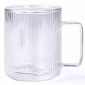 Schliersee Double Walled Glass Coffee Mug, 13.5 OZ Clear Ribbed Glassware Embossed Glass Cups with Handle for Cappuccino, Latte, Cereal, Yogurt, Beer, Milk, Hot or Cold Beverages Cup