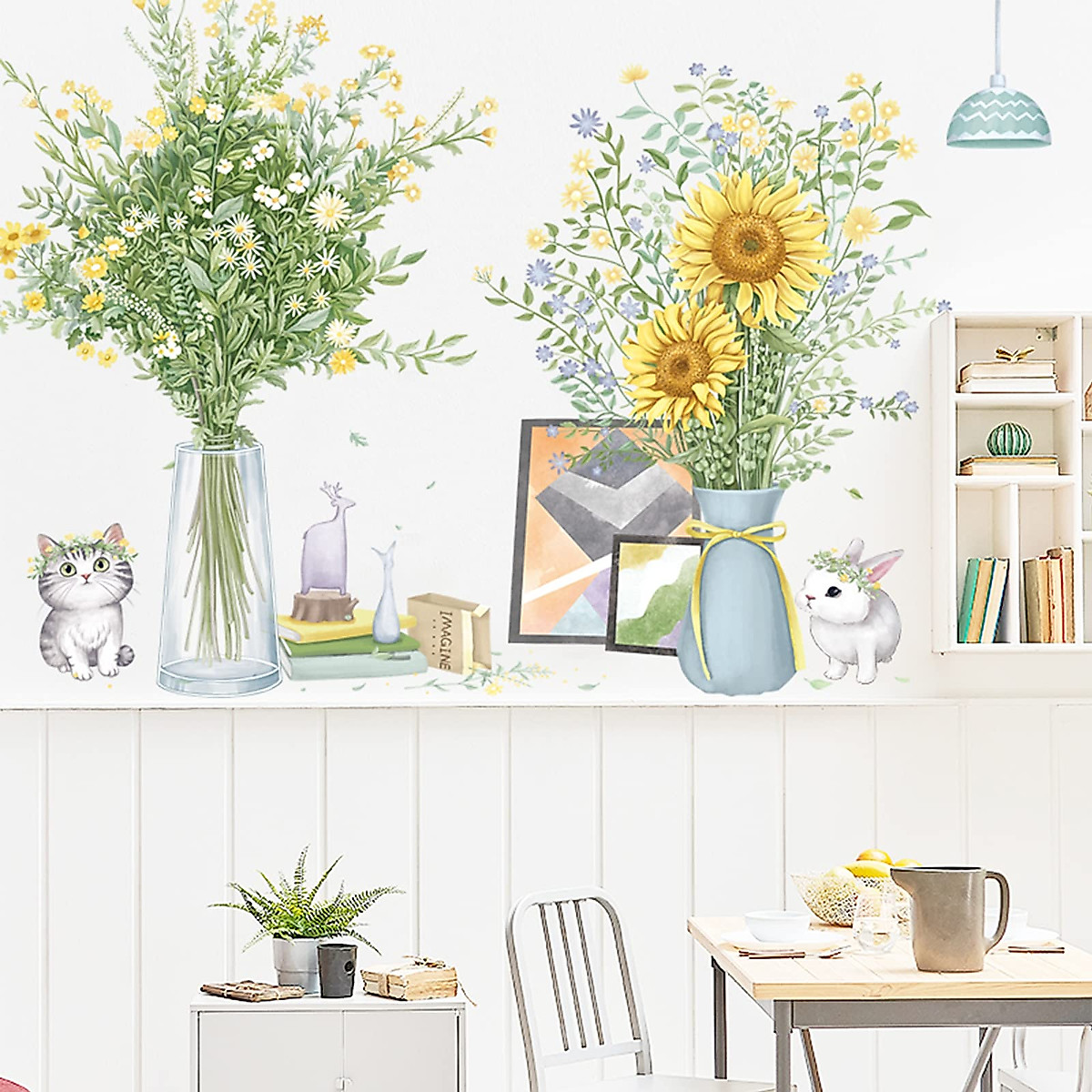 Sunflower Vase Plants Wall Sticker Cute Cat Rabbit Decor, Removable Daisy Flower Green Leaf Wallpaper Decals, AUHOKY Garden Potted DIY Art Mural for Living Room Bedroom Kitchen Nursery Home Decoration