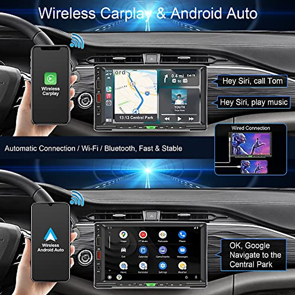Wireless iOS Carplay&Android Auto, Double Din Car Stereo with Voice Control,7 Inch HD Touchscreen,Mirror Link,Bluetooth 5.1, AM/FM Car Radio Receiver,Backup Camera/Subwoofer/2USB/SWC/AUX/Fast Charging