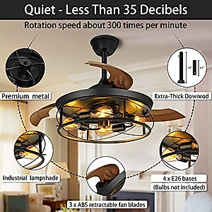 NEWORB 42Inch Retractable Ceiling Fans with Lights Remote Control Caged Industrial Farmhouse Ceiling Fans Rustic Black Ceiling Fan for Living Room Bedroom Patio Kitchen