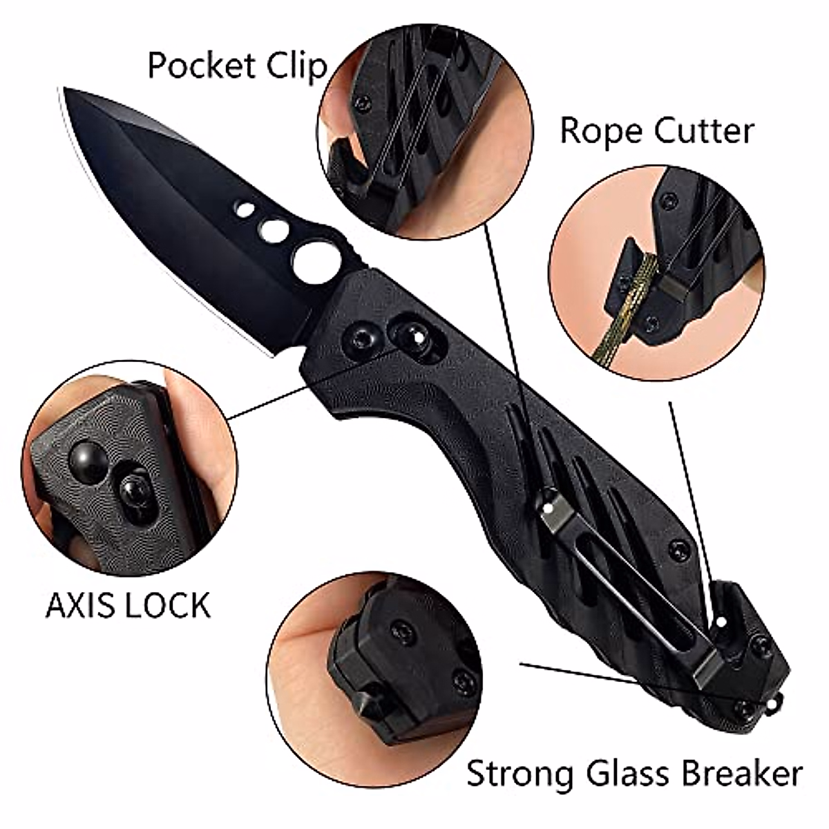 XIPHIAS 4.25" EDC Axis Lock Folding Pocket Knife Tactical Knife with Pocket Clip,Glass Breaker,Seat Belt Cutter Emergency Multitool FK045 (Stainless Steel Blade)