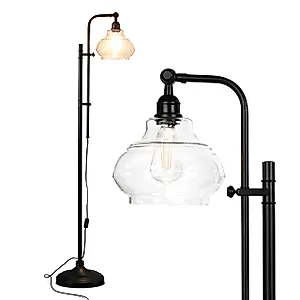 Brightech Austin LED Floor Lamp, Industrial Lamp for Living Rooms & Offices, Mid-Century Modern Standing Lamp with Adjustable Head, Tall Lamp with Rustic Glass Teardrop Shade for Bedroom - Black