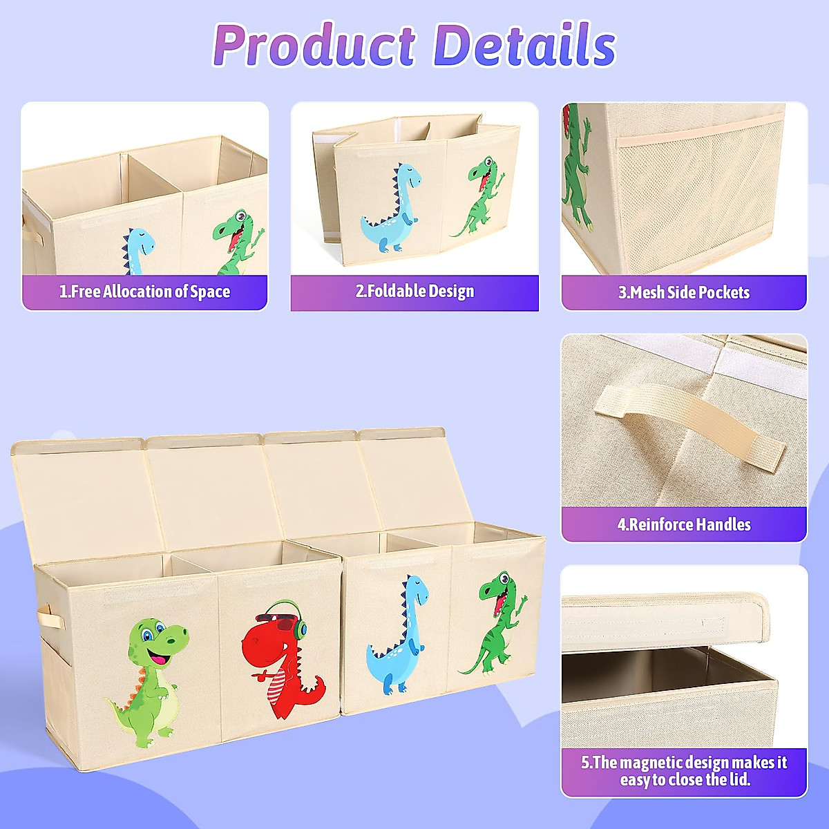 Extra Large Toy Chest for Boys, Collapsible Toy Storage Boxes with Magnetic Lid, Dinosaur Toy Box for Toys, Clothes, Blankets, Books, 51.96"x11.81"x15.75", Beige