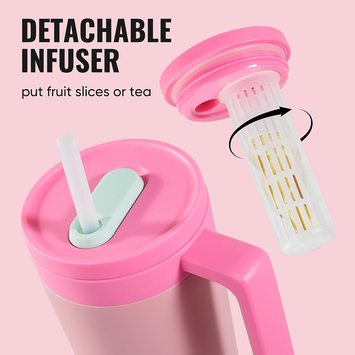 Fijinhom 40 oz Tumbler with Handle and Straw, Triple Layer Insulated Stainless Steel Water Bottle with Infuser, Travel Tumbler Fit Most Cupholder, Gifts for Women & Men, Pink