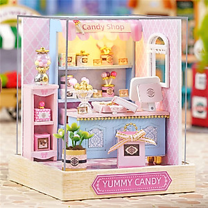 Yanrhwy panda DIY Miniature Dollhouse Kit with Furniture, Tiny House Kit Miniature House Kit 1:24 Scale Creative Room Mini Wooden Doll House Plus Dust Proof for Teens Adults (Delicious Candy)