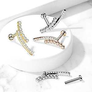 Pierced Owl 16G Stainless Steel Internally Threaded Stacked Double CZ Crystal Lined Curved Top Flat Back Cartilage Helix Ear Lobe Barbell Stud (Silver Tone, 6mm Barbell)