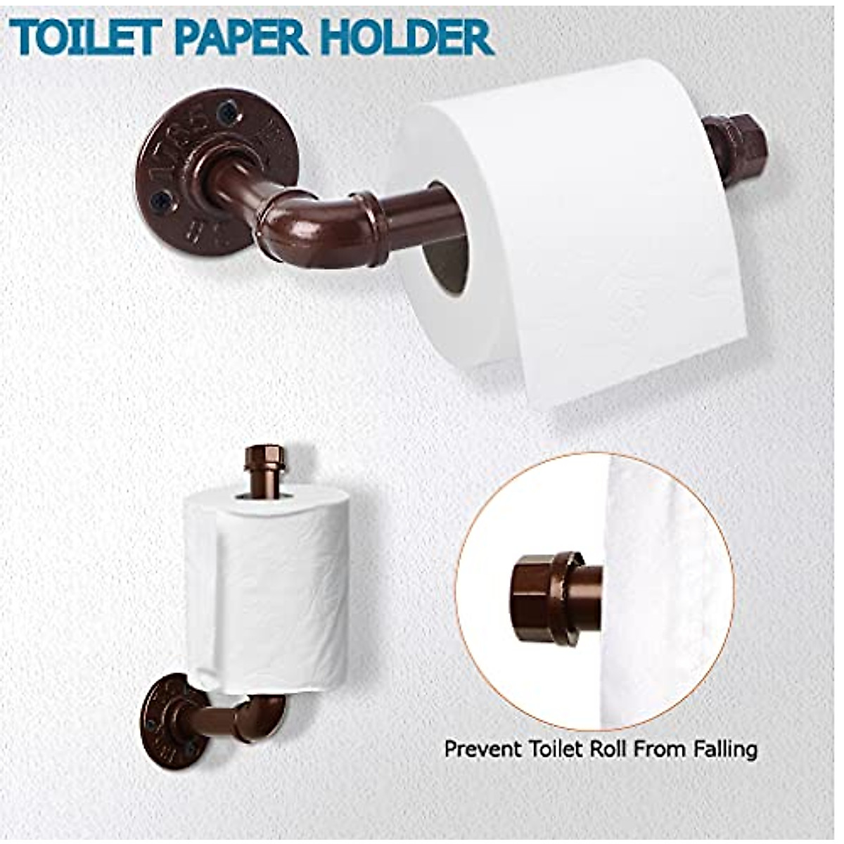 3 Pack Industrial Pipe Bathroom Hardware Accessories Set, Include 2 Robe Coat Towel Hook and 1 Toilet Paper Holder for Hanging. 1/2" inch Threaded Wall Mounted Rustic Decor Accessories Kit (Bronze)