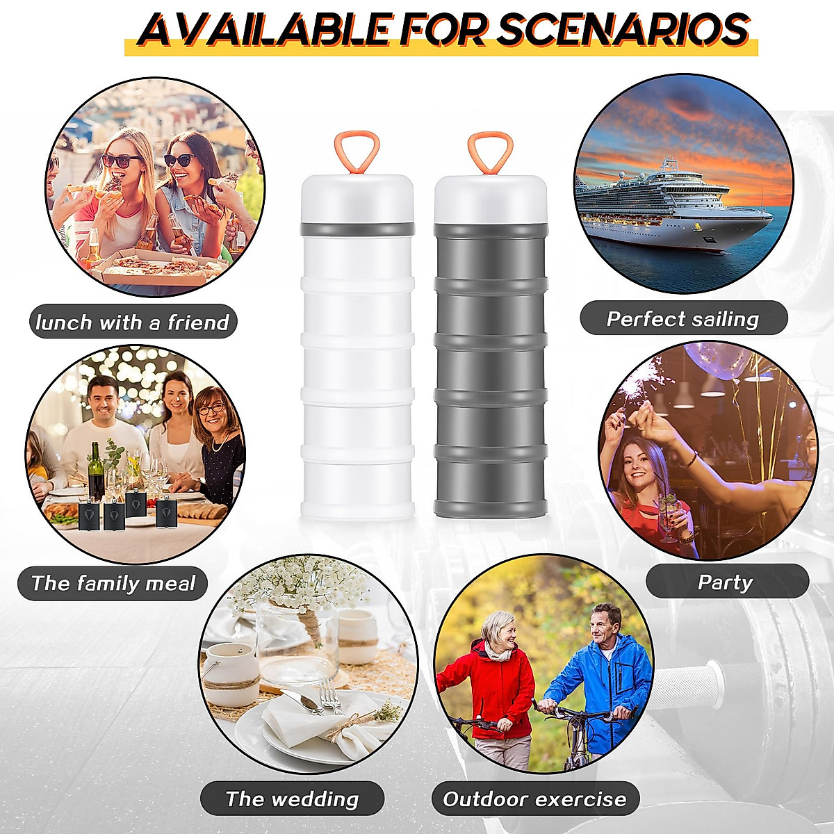 Baderke 4 Pcs Protein Powder Container 5 Layers Stackable Leakproof Container Powder Dispenser with Funnels Stand Keychain Flour Container for Workout Fitness(Gray, White)