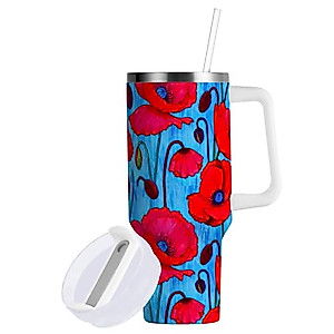 ODAWA 40oz Red Poppies Blue Insulated Tumbler Cup with Handle and Straw Lid, Vacuum Insulated Tumbler
