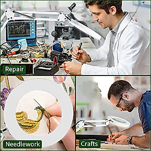 Qsky Magnifying Glass with Light and Stand, 10X Magnifying Lamp, 2-in-1 Desk Lamp with Clamp,3 Color Modes & Stepless Dimmable, LED Lighted Magnifier for Reading, Crafts, Repair, Close Work (White)