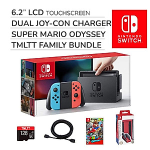 Nintendo 2020 Premium Switch 32GB Console Family Essential Bundle - Neon Red/Neon Blue Joy-Con, Super Mario Odyssey, Red Dual Joy-Con Charger, TMLTT 128GB MicroSD Card, HDMI Cable