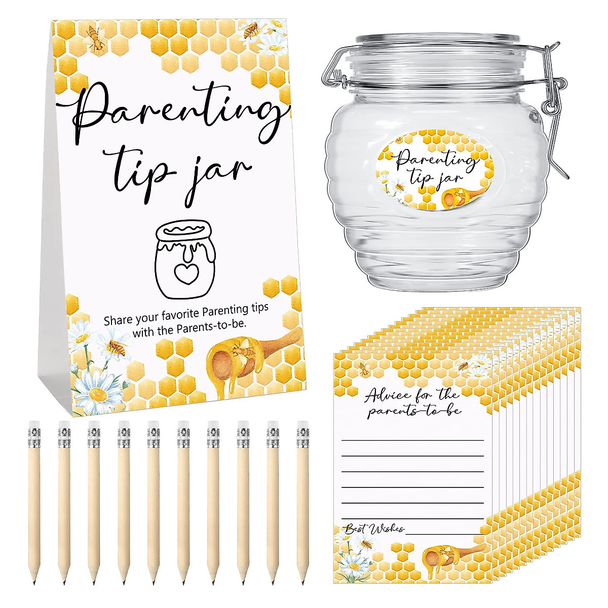 Roowest Baby Shower Games Prizes Advice Baby Shower to Baby Parenting Tip Jar Sign for New Parents 60 Parenting Advice Cards 10 HB Pencils 2 Cute Stickers 1 PET Bottle for New Parents Guests (Honey)