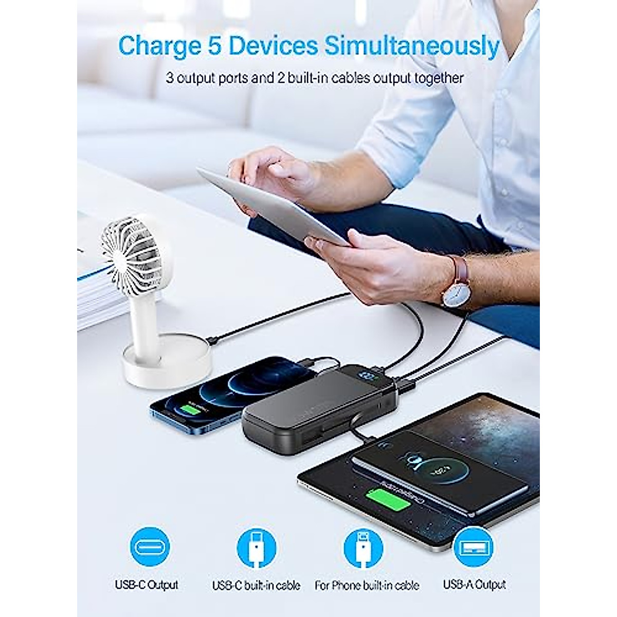 BLJIB Portable Charger 32000mAh, 22.5W QC 3.0 PD 20W Smart LED Display Fast Charging Built in Cables Power Bank, External Battery Pack Charge 5 Devices Compatible with Cellphones (Black)