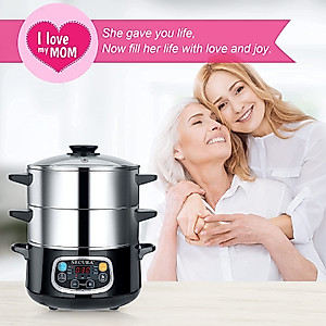 Secura Electric Food Steamer, Vegetable Double Tiered Stackable Baskets with Timer 1200W Fast Heating Stainless Steel Digital Steamer 8.5 Quart