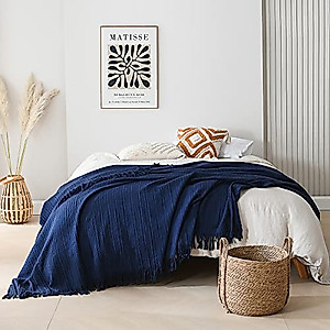 100% Cotton Throw Blanket, Waffle Woven Navy Blue Thin Decorative Blanket with Fringe, Rustic Pre-Washed Soft, Cozy, Light Weight Blanket for Couch, Travel, Farmhouse Boho Style Throw, 60'' x 80''