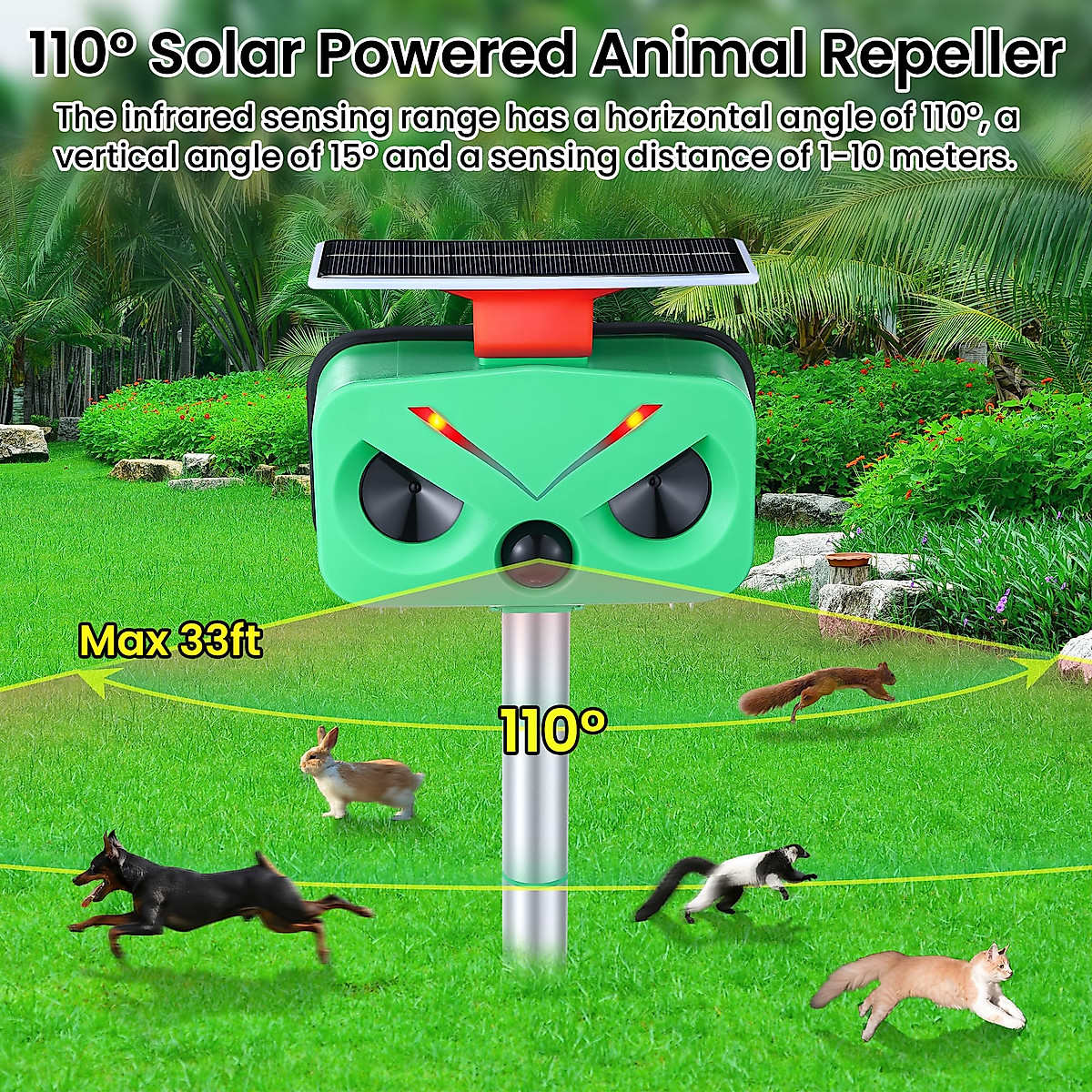 2 Pack Ultrasonic Cat Repellent Outdoor, Solar USB Powered Animal Repeller Ultrasonic Deer Deterrent Devices with Motion Sensor Waterproof Pest Deterrent for Dog Skunk Squirrel Raccoon Coyote Rabbit