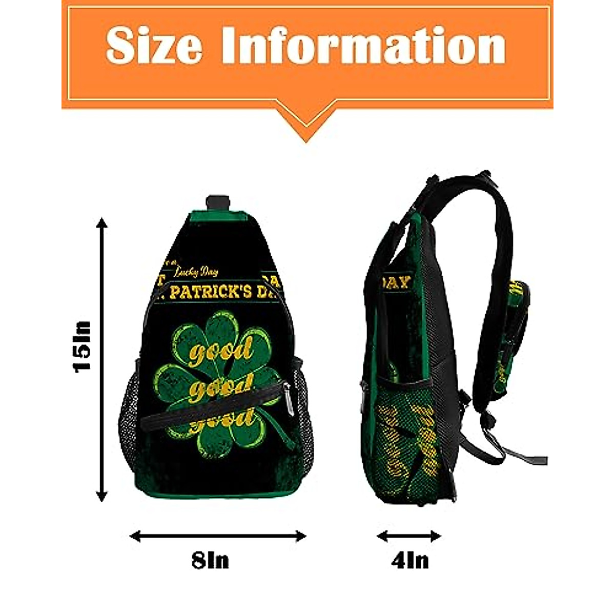 Sling Backpack, Saint Patrick's Day Shamrocks and Love Hearts Vintage Green Background Waterproof Lightweight Small Sling Bag, Travel Chest Bag Crossbody Shoulder Bag Hiking Daypack for Women Men