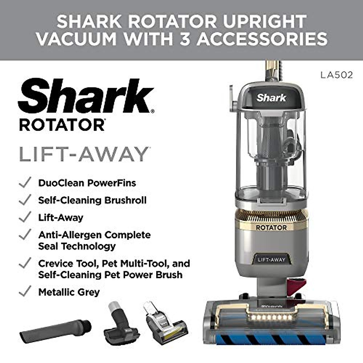 Shark LA502 Rotator Vacuum Vacuum with Self Brushroll Powerful Pet Hair Pickup and HEPA Filter, Lift-Away Upright w/Duo Clean, Silver
