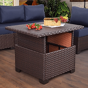 Patio Rattan Coffee Table with Hidden Storage, Wicker Liftable Dinning Table, Versatile Piece of Outdoor Furniture, Grey