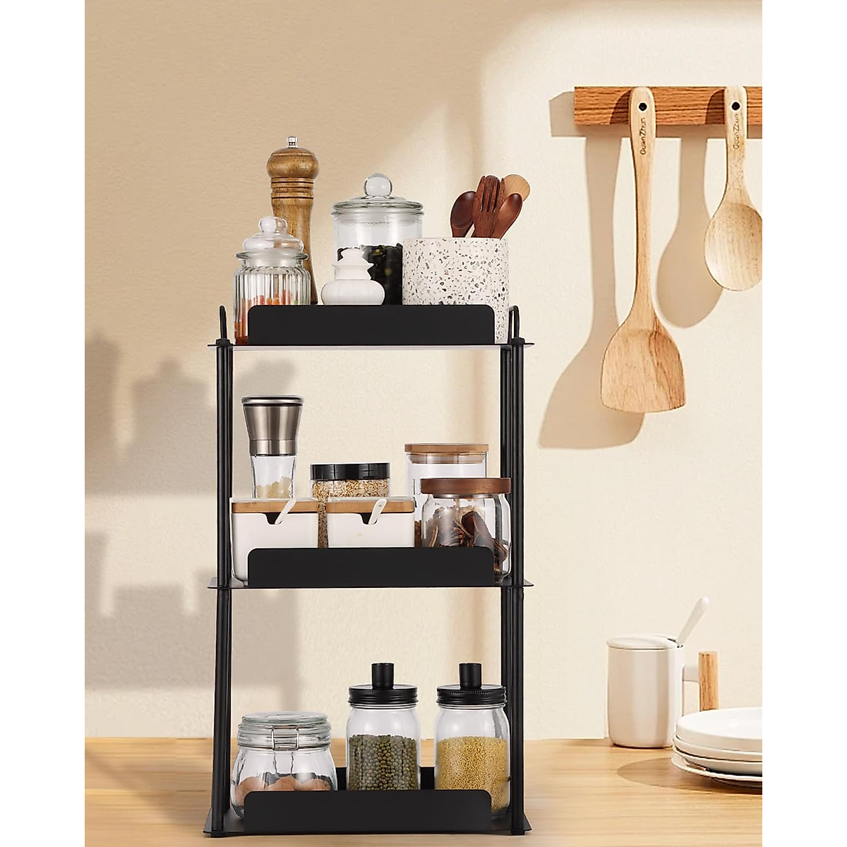 KATHY&BOB Bathroom Countertop Organizer, Make-up Desk Organization, Dressing Shelf Desktop Storage for Bathroom Cosmetic Dorm Kitchen Living Room, Multipurpose Cubicle Display Rack (Black, 3 Tiers)
