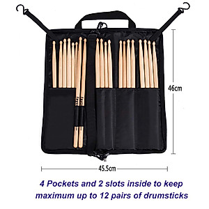 Rayzm Drum Stick Bag with an External Pocket, Standard Nylon Stick Bag with a Carry Handle and Floor Tom Hooks, Inside 4 Slots Holds up to 12 Pairs of Drumsticks,Water Resistant Nylon