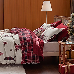 Bedsure Christmas Duvet Cover Queen - Christmas Bedding Queen Size, Reversible Buffalo Check Printed Christmas Plaid Duvet Cover, Includes 1 Duvet Cover and 2 Pillow Shams (Queen, Reindeer)