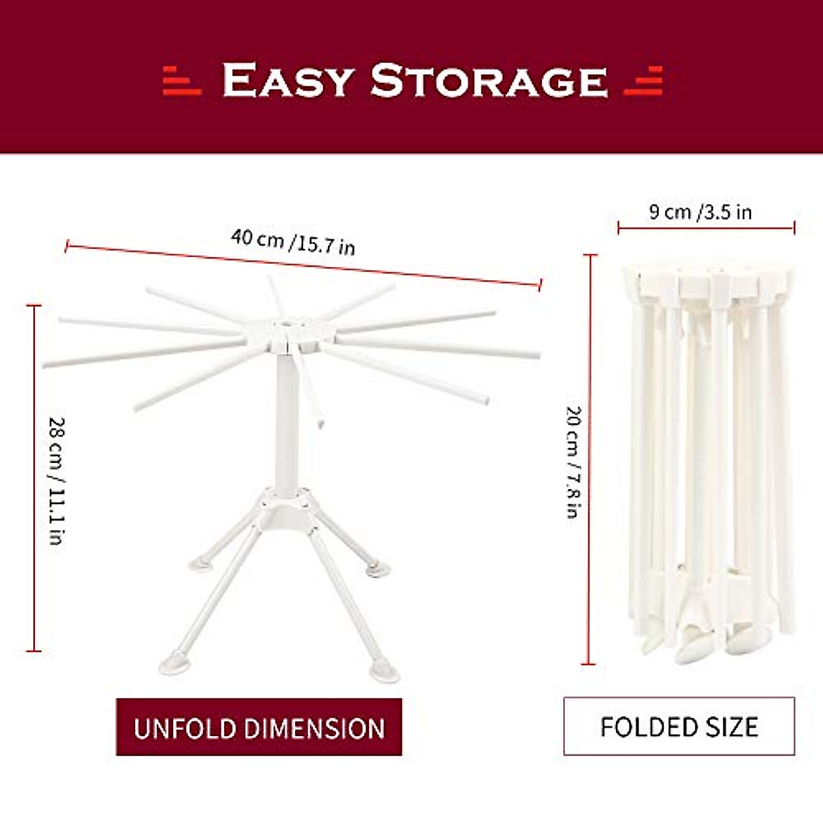 Ourokhome Collapsible Pasta Drying Rack, Plastic Foldable Homemade Fresh Spaghetti Stand Dryer Noodle Hanger for Kitchen with 10 Arms, Stable, Easy Storage, Quickly Set Up (White)