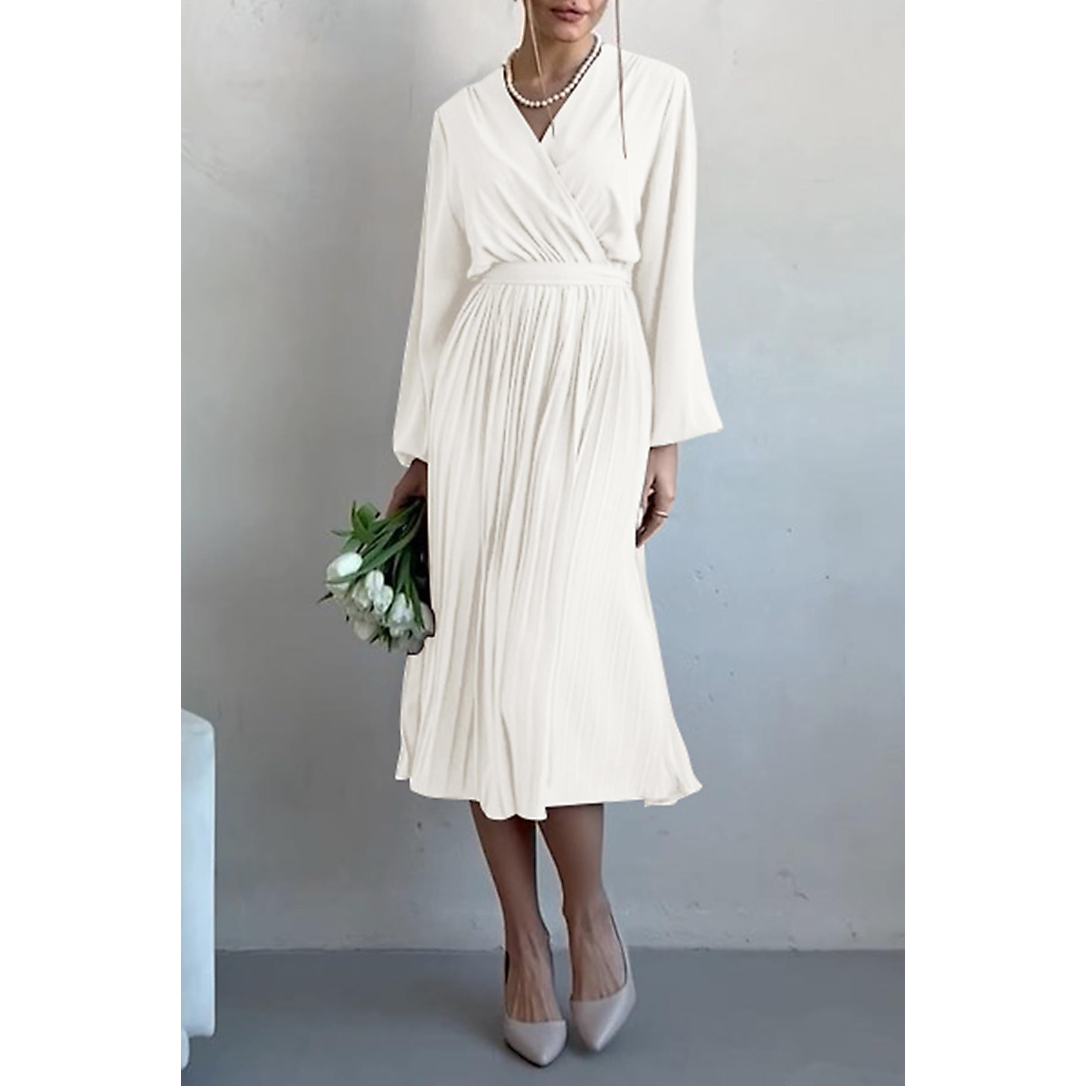 PRETTYGARDEN Women's Spring Midi Dress Long Puff Sleeve Wrap V Neck Flowy Ruffle Pleated Casual Fall Dresses (White,X-Large)